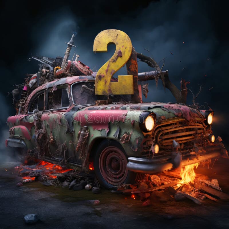 Burning Car with Number 2, 3d Illustration, Horizontal Composition ...