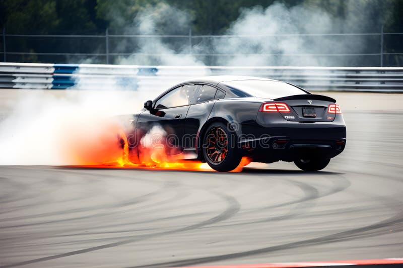 Burning Car on the Race Track. Fire from Under the Wheels, Smoke ...