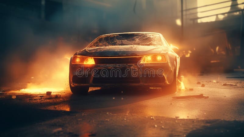 Burning Car in the Road. Generative Ai Stock Illustration ...