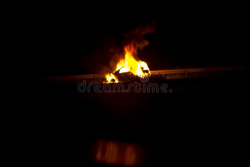 Burning Car on the Road in the Night Stock Photo - Image of automobile ...