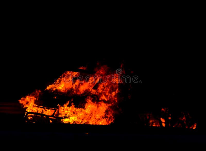 Burning Car on the Road at Night, a Tragic Accident Ending with Stock ...