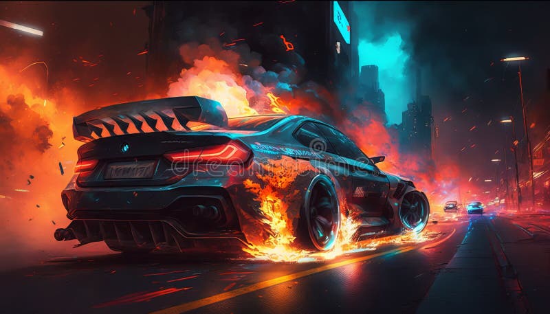Burning Car on the Road. Smoke and Fire Stock Illustration ...
