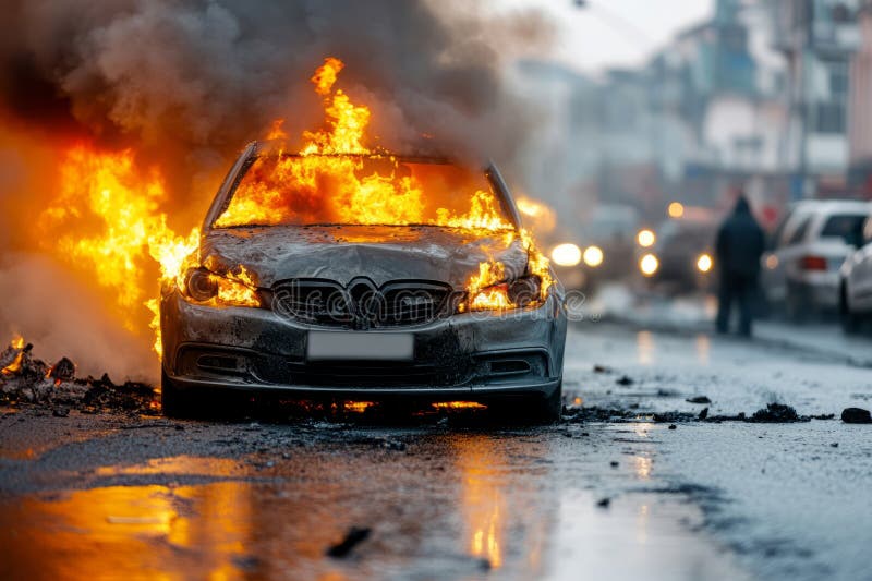 Burning Car on the Side of a Highway with Flames Stock Image - Image of ...