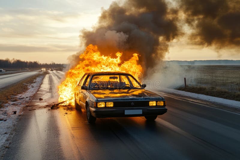 Burning Car on the Side of a Highway with Flames Stock Image - Image of ...