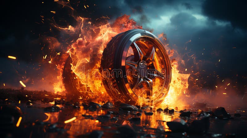 Burning Car Wheel at Night, Generative AI Stock Illustration ...
