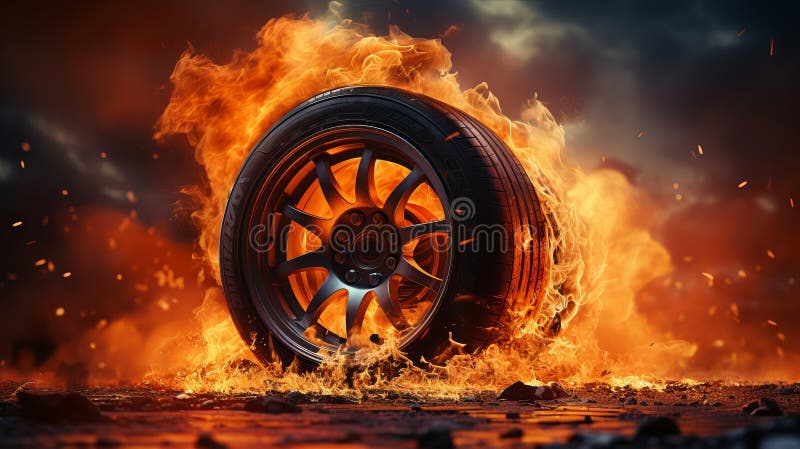 Burning Car Wheel at Night, Generative AI Stock Illustration ...