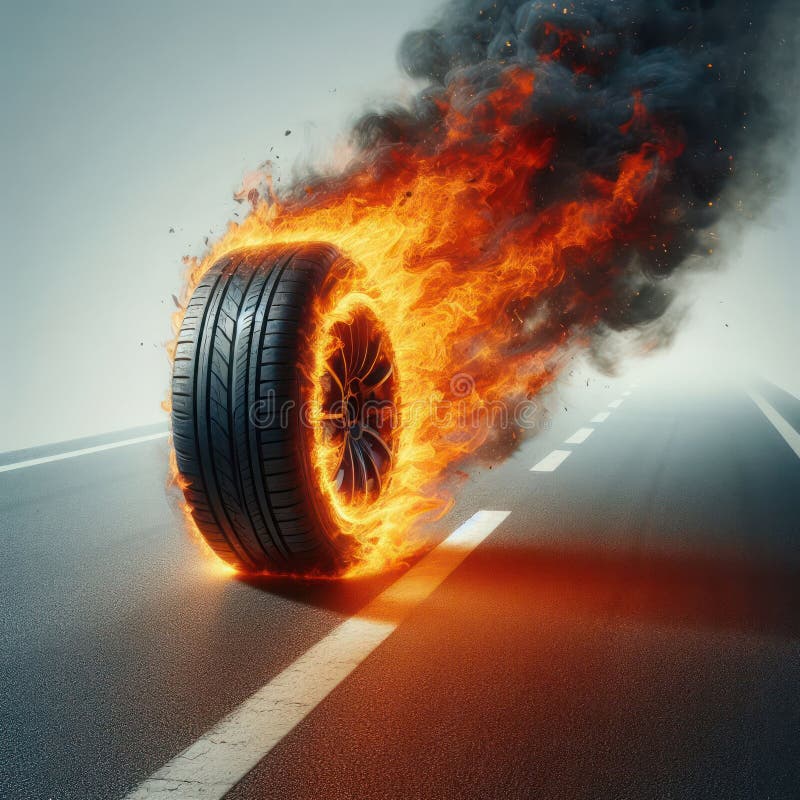 A Burning Car Wheel Rolls Along the Road. Stock Illustration ...