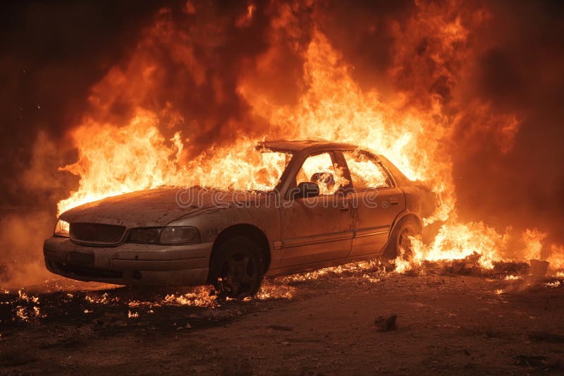 Burning Car Wreck at Night, Dramatic Fiery Collision Aftermath with ...