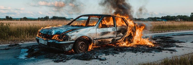 Burning Car Wreckage on Empty Road, Vehicle Fire Damage, Accident ...