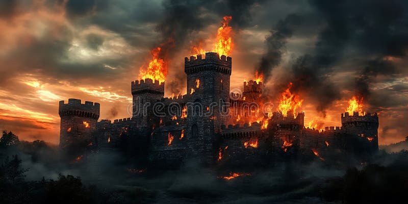 Burning Castle Epic Fantasy Artwork Stock Illustration - Illustration ...