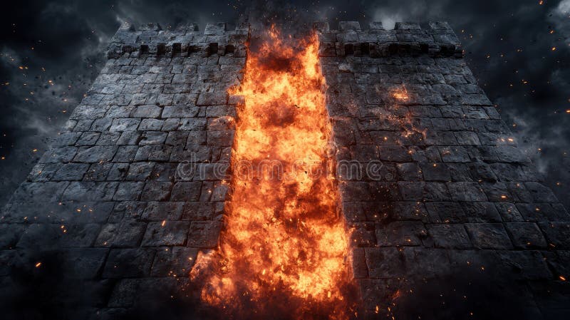 Burning Castle Ruins in a Dark, Stormy Environment Stock Illustration ...