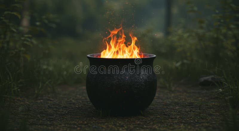 Burning Cauldron in Dark Forest at Night Stock Illustration ...