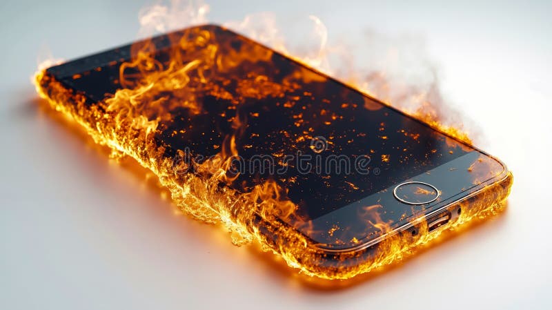A Burning Cell Phone on Fire on a White Surface Stock Image - Image of ...