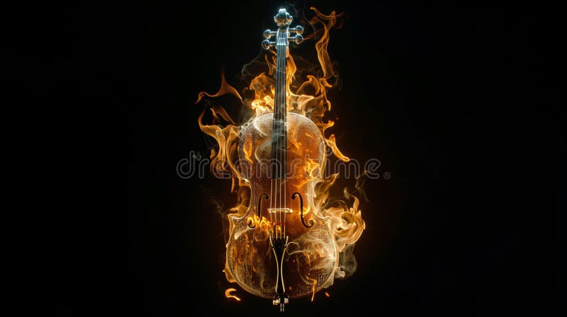 Burning Cello Engulfed in Flames on Black Background Stock Image ...