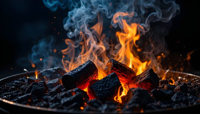 Burning Charcoal Emits Fiery Flames and Billowing Smoke in a Dramatic ...