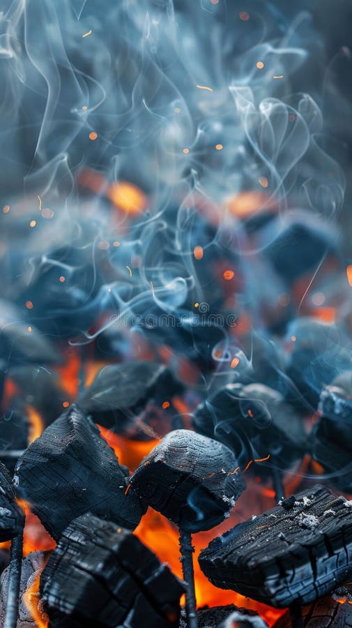 Burning Charcoal with Glowing Embers and Smoke, Close-up Shot. Fire and ...