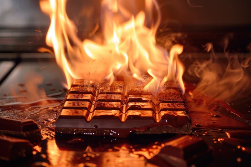 A Burning Chocolate Bar in a Kitchen Setting, with Flames and Smoke ...