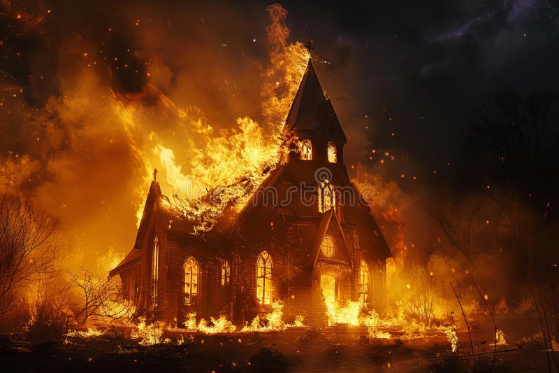 Burning Church Engulfed in Flames at Night Stock Photo - Image of ...