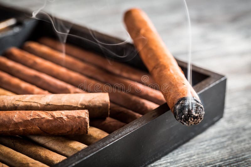 Burning cigar with smoke stock photo. Image of product - 37096166