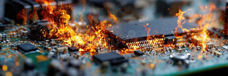 Burning Circuit Board Emitting Sparks with an Empty Left Side at a ...