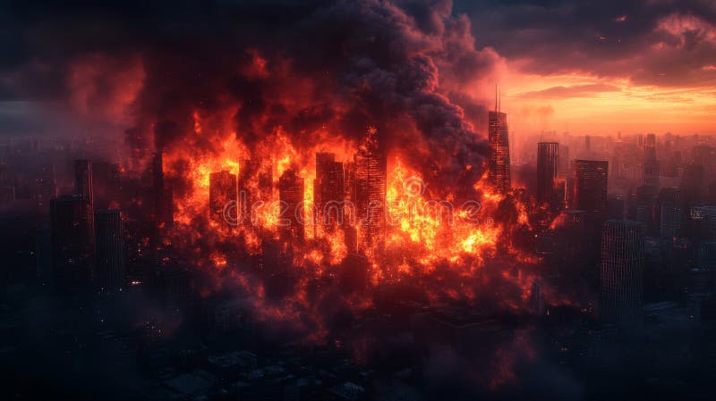 Burning City Skyline at Sunset Stock Illustration - Illustration of ...