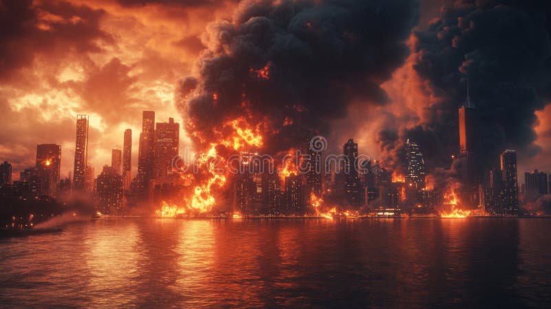 Burning Cityscape at Night with Fiery Flames Stock Illustration ...