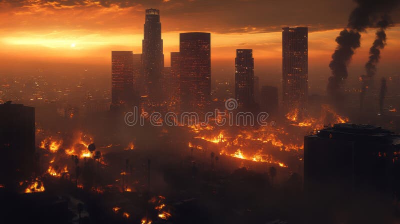 Burning Cityscape at Sunset: Urban Destruction and Inferno Stock ...