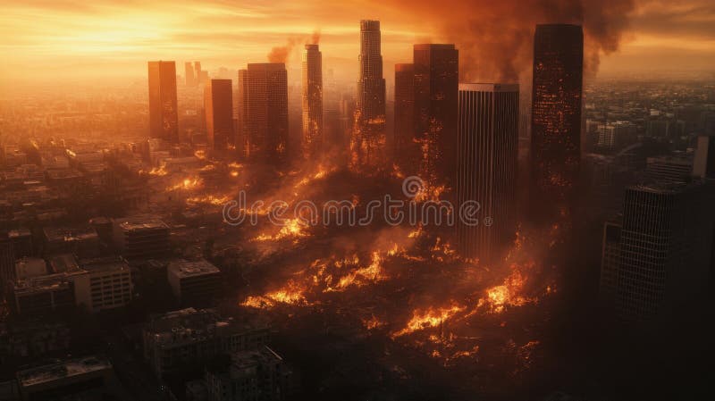 Burning Cityscape at Sunset: Urban Destruction and Inferno Stock ...
