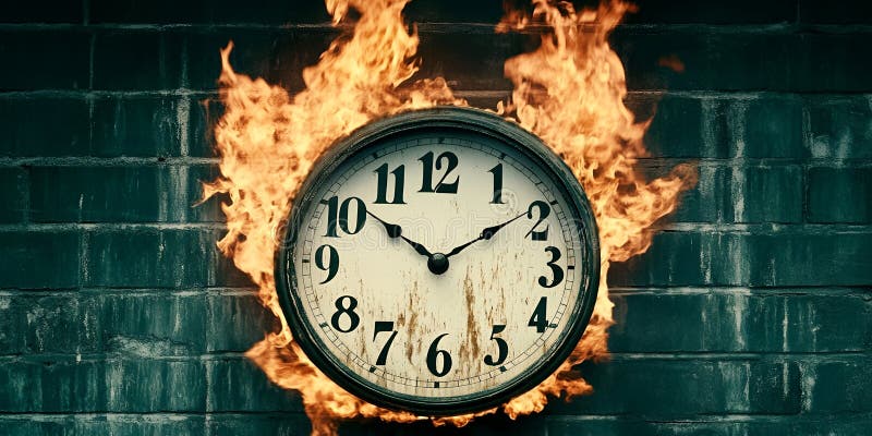 Burning Clock on Brick Wall Time Running Out Fire Destruction Concept ...