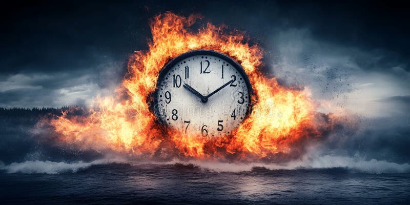 Burning Clock in Fiery Ocean Waves Time Destruction Apocalypse Concept ...