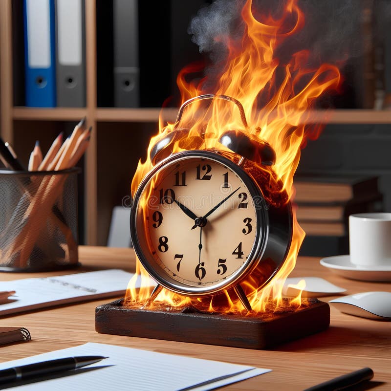 Burning Clock Illustration: Creative Office Desk Chaos with Time on ...