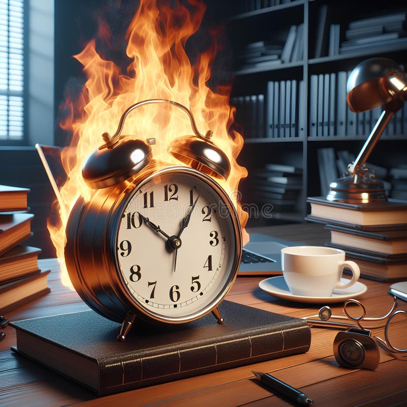 Burning Clock Illustration: Creative Office Desk Chaos with Time on ...