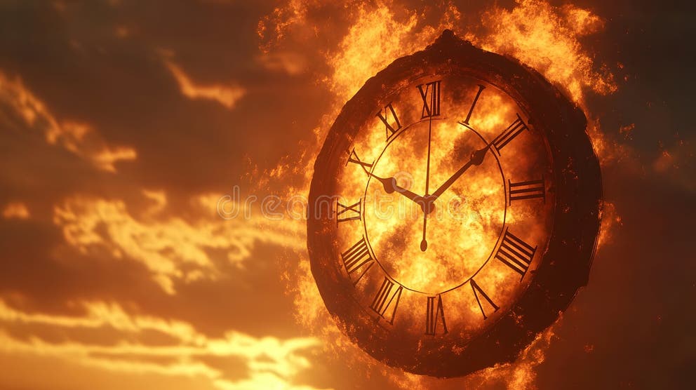 Burning Clock Symbolizing Time, Eternity, and Transformation Stock ...