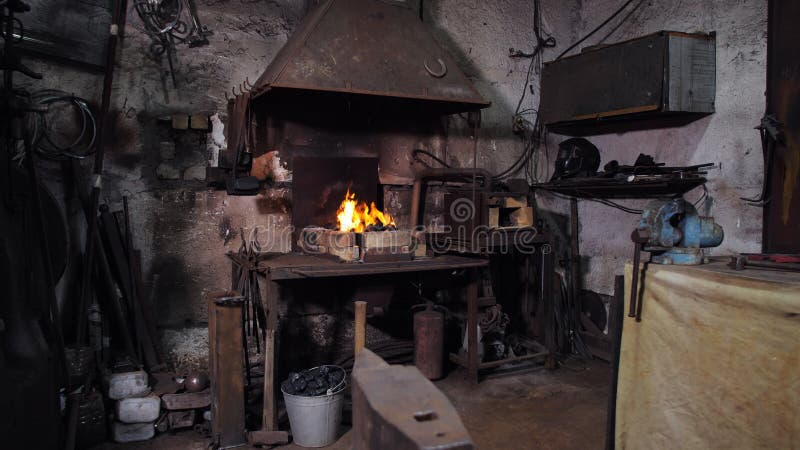 A Blacksmith Shop with a Burning Forge. Stock Footage - Video of ...