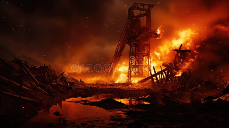 The Burning of the Coal Mine in the Night, AI Stock Illustration ...