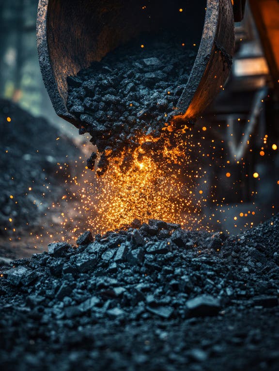 Burning Coal with Sparks Falling from a Large Container. Stock Photo ...