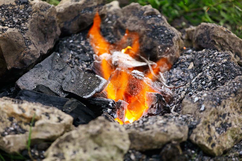 Burning Coals with Sparks on the Nature Stock Photo - Image of charcoal ...