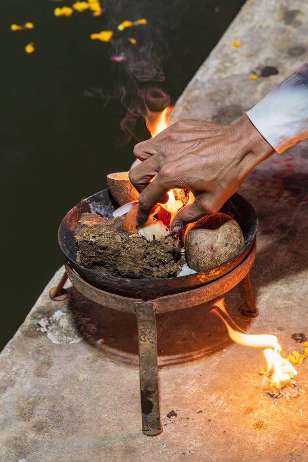 Burning Coconut As a Religious Offering at Pushkar Lake Stock Image ...