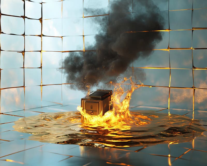 Burning Computer in Reflective Room Stock Illustration - Illustration ...