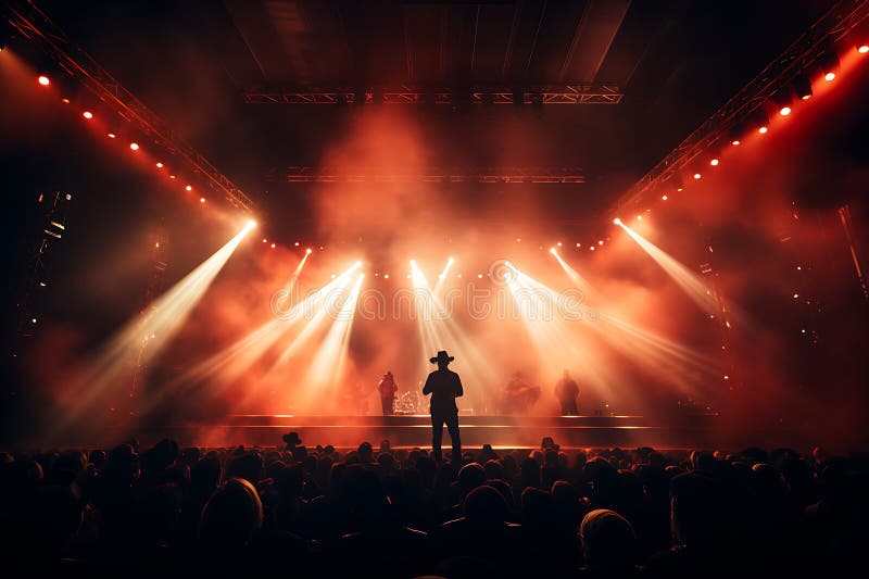 Burning Concert Stage with Smoke and Fire in the Dark. Selective Focus ...