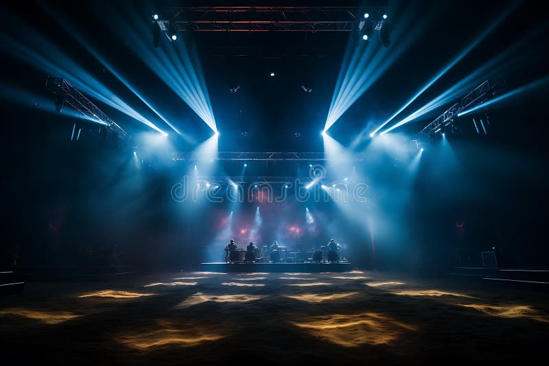 Burning Concert Stage with Smoke and Fire in the Dark. Selective Focus ...