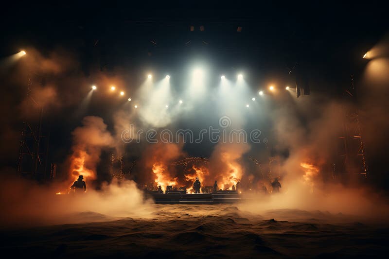 Burning Concert Stage with Smoke and Fire in the Dark. Selective Focus ...