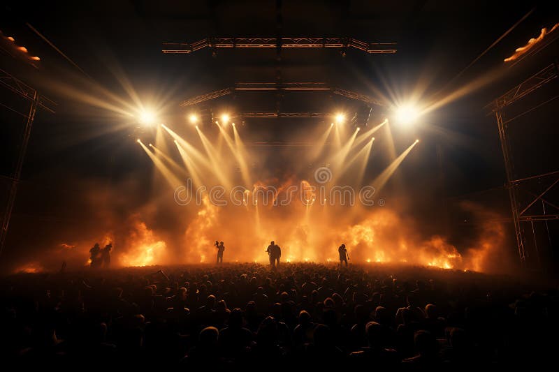 Burning Concert Stage with Smoke and Fire in the Dark. Selective Focus ...