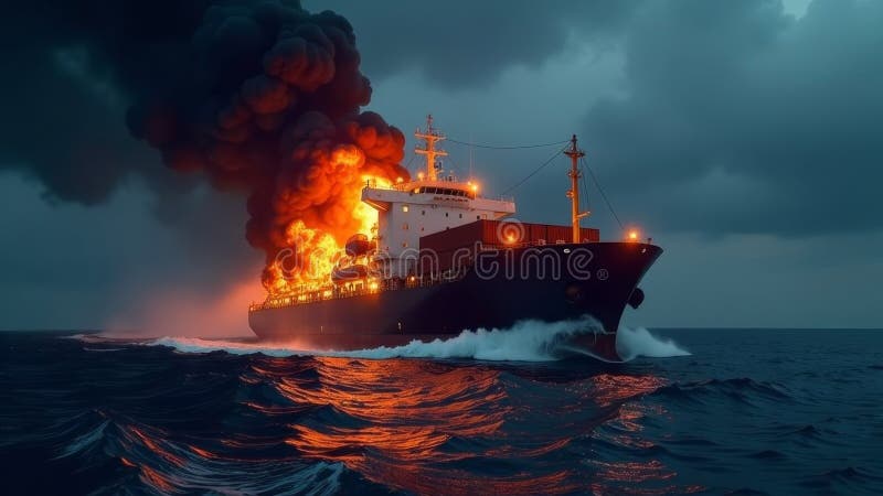 Burning Container Tanker Floats Out To Sea Stock Photo - Image of ...