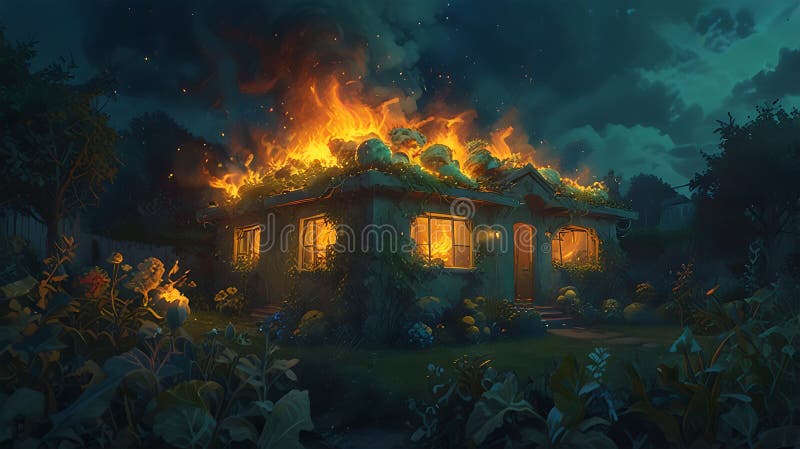 Burning Cottage at Night a Dramatic Scene of Loss Stock Illustration ...