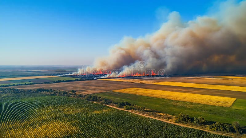 Burning Crops Generating a Large Smoke Column Over Agricultural Fields ...