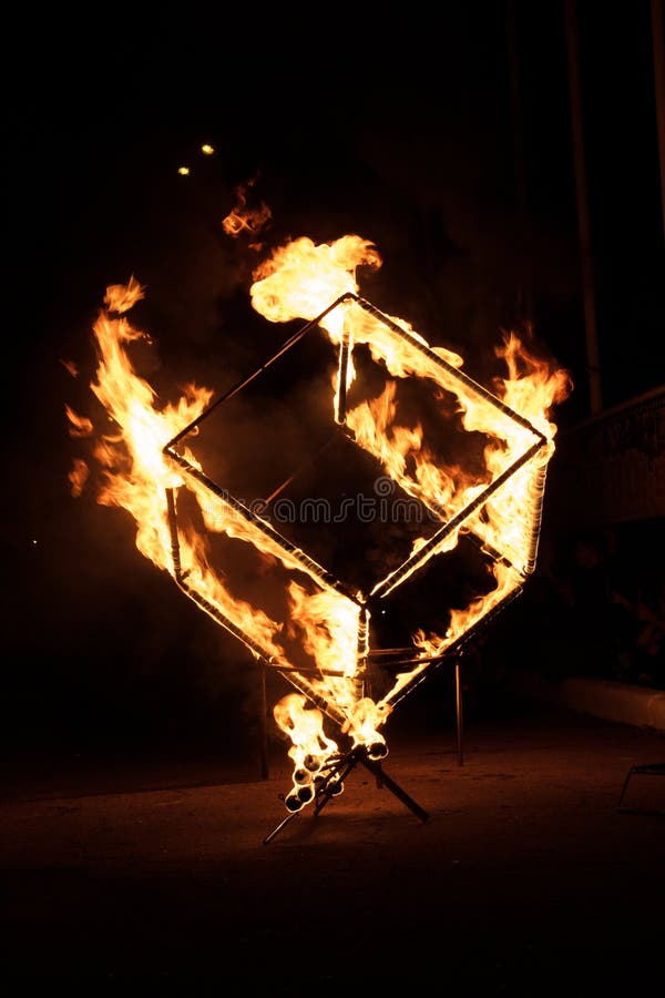 Burning Cube after the Fire Show Stock Photo - Image of bright, flame ...