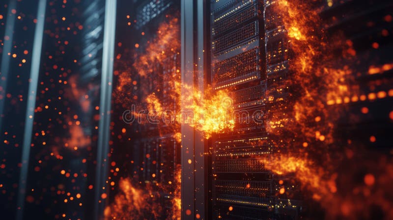 Burning Data Center. Modern Data Center with Servers Ablaze. the ...