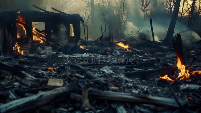 Burning Debris and Smoldering Ruins in the Aftermath of a Fire Leaving ...