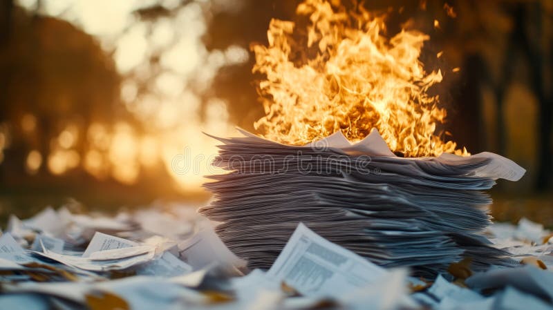 Burning Documents at Sunset Creating a Dramatic Contrast of Light and ...